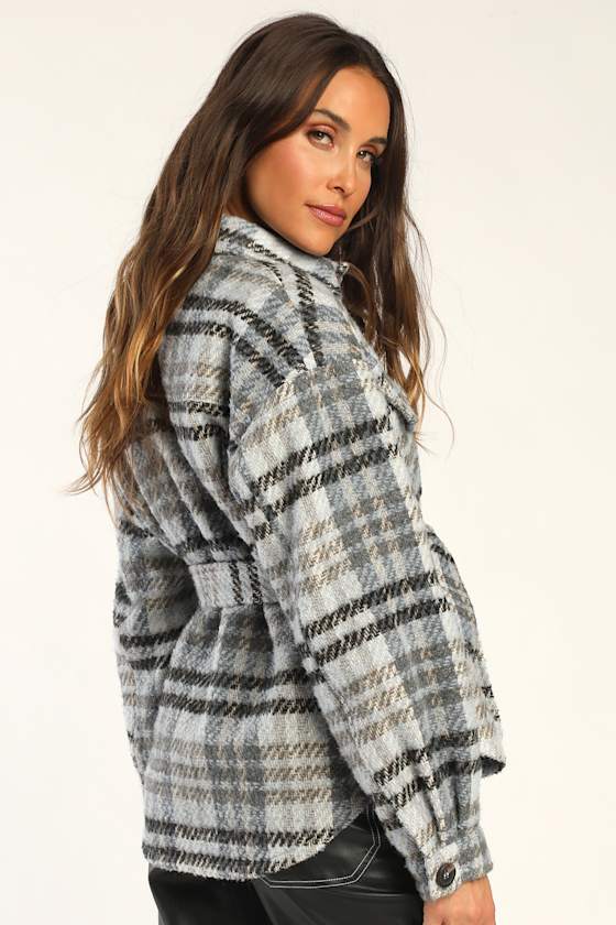 Blue and Grey Shacket - Plaid Shacket - Belted Shacket - Lulus