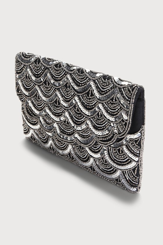 Shiny Silver Clutch - Sequin Beaded Clutch - Scalloped Clutch - Lulus
