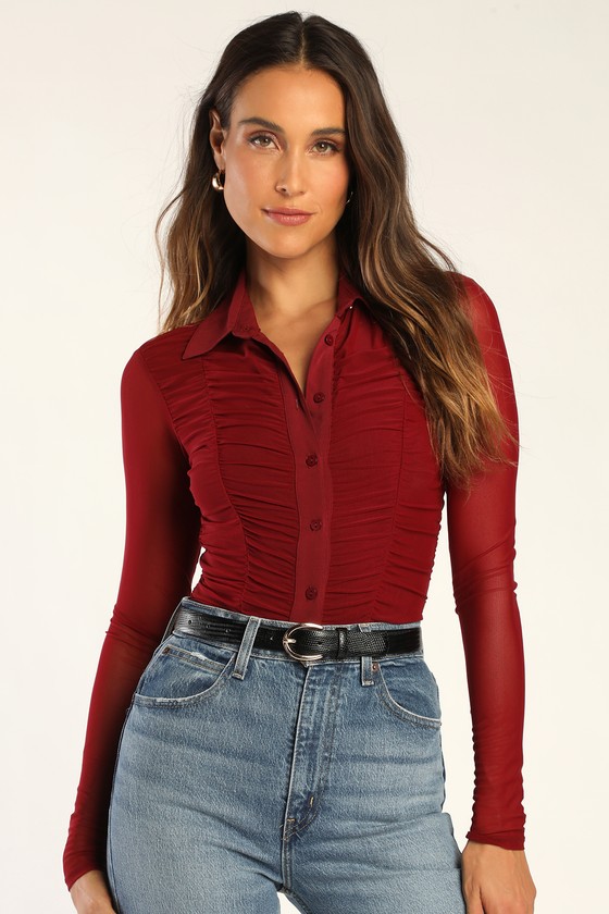 Cute Burgundy Bodysuit Ruched Bodysuit Long Sleeve Bodysuit Lulus