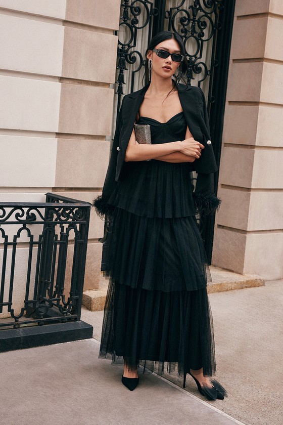 Black Tulle Dress Black Maxi Dress Tiered Maxi Dress Lulus