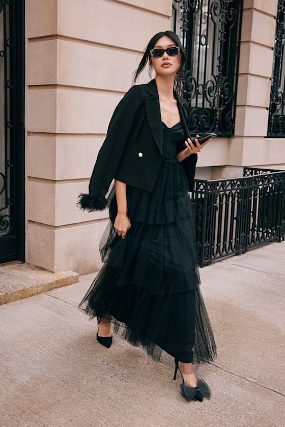 Black Blazer - Feather-Trimmed Blazer - Double-Breasted Blazer - Lulus