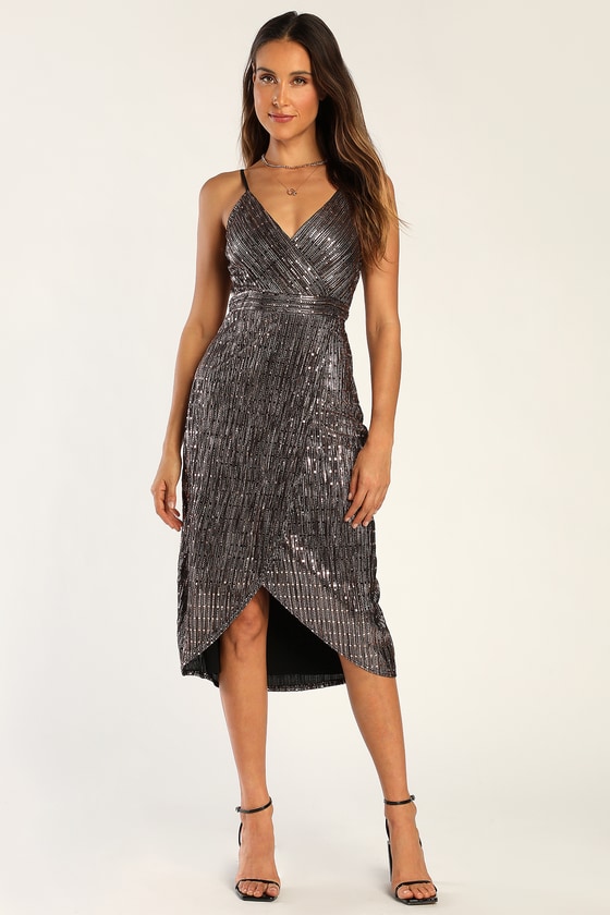 Bronze Sequin Dress Tulip Midi Dress Surplice Dress Lulus