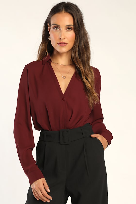 Burgundy Chiffon Top - Surplice Top - Long Sleeve Top - Lulus