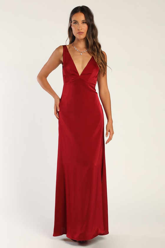 Wine Red Satin Dress V Neck Satin Dress Red Satin Gown Lulus