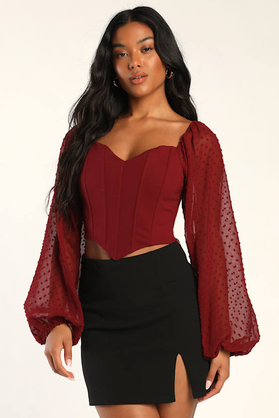 Burgundy Swiss Dot Top - Bustier Top - Long Sleeve Top - Lulus