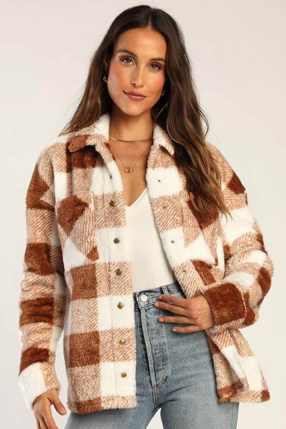 Brown and White Plaid Shacket - Plaid Fuzzy Shacket - Shacket - Lulus