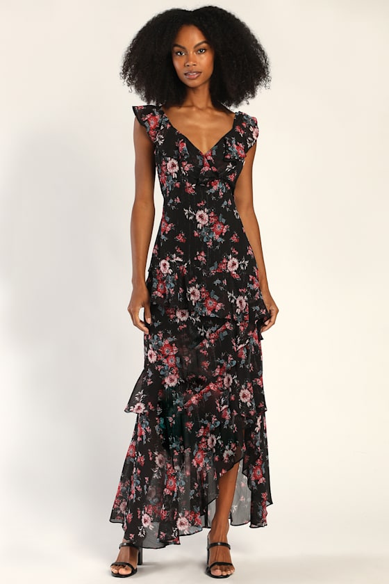 Black Floral Maxi Dress - Ruffled Dress - Lurex Floral Dress - Lulus