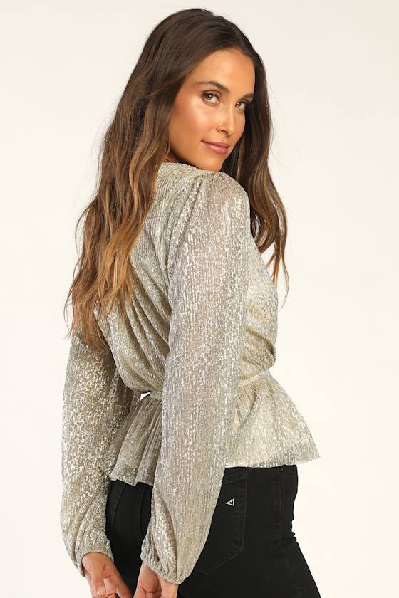 Shiny Gold Top - Long Sleeve Peplum Top - Surplice Blouse - Lulus
