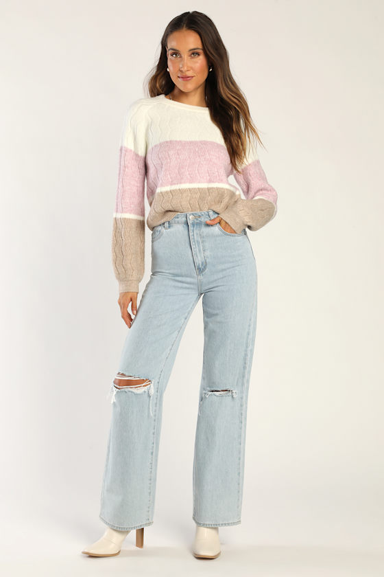 Ivory Colorblock Sweater - Chevron Knit Sweater - Knit Sweater - Lulus