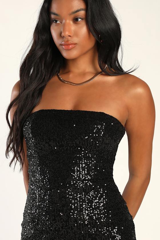 Black Sequin Fringe Dress - Strapless Dress - Midi Bodycon Dress - Lulus