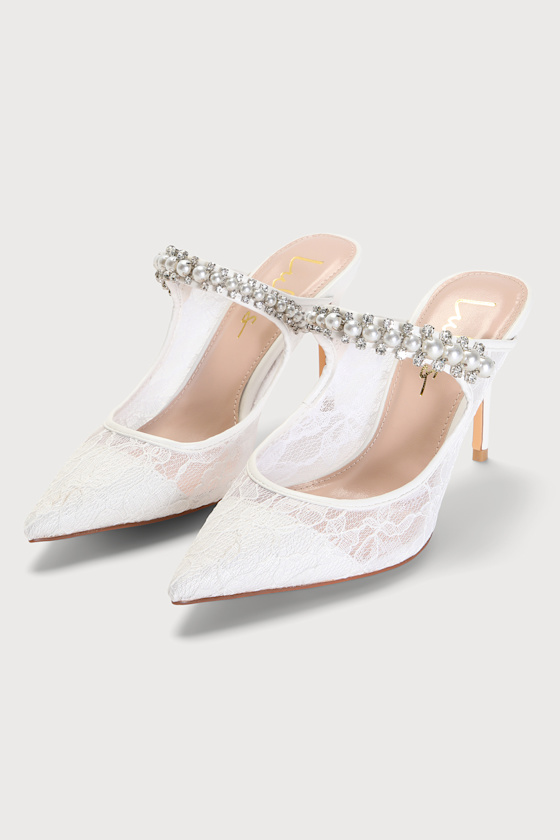 Lace Pointed-Toe Pumps - Pearl Heels - Rhinestone Mule Pumps - Lulus