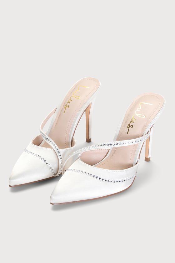 White Satin Mule Pumps Rhinestone Pumps Slide On Pumps Lulus