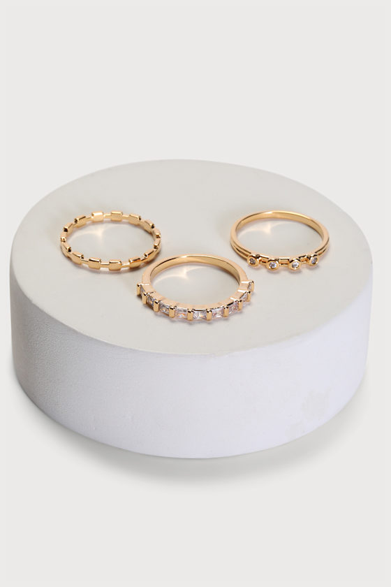 14KT Gold Ring Set - 3-Piece Ring Set - Rhinestone Ring Set - Lulus