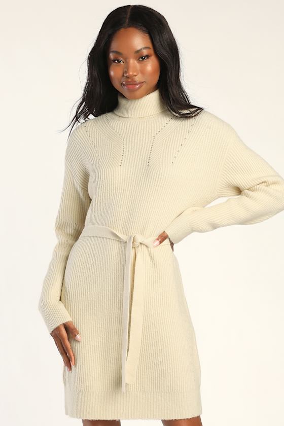 Cream Knit Dress - Mini Sweater Dress - Turtleneck Sweater Dress - Lulus