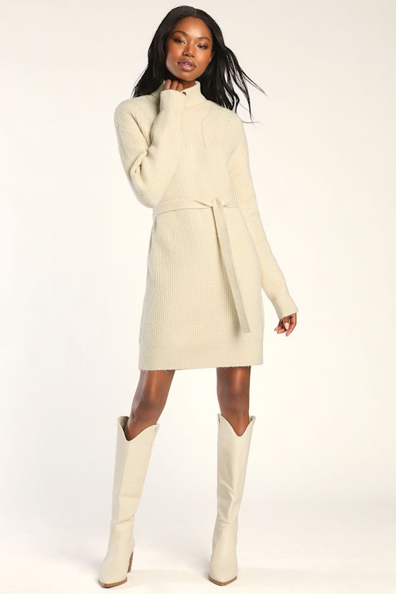 Cream Knit Dress - Mini Sweater Dress - Turtleneck Sweater Dress - Lulus