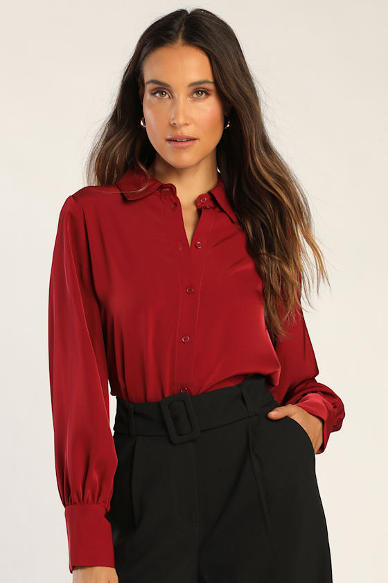 Wine Red Button Up Shirt - Long Sleeve Top - Office Top - Lulus