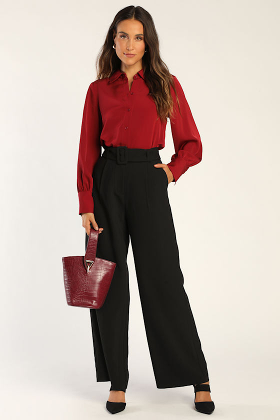Wine Red Button Up Shirt - Long Sleeve Top - Office Top - Lulus