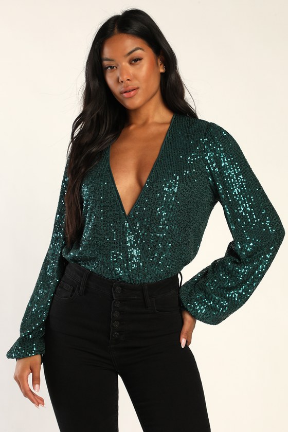 Emerald Green Top - Green Sequin Bodysuit - Long Sleeve Bodysuit - Lulus