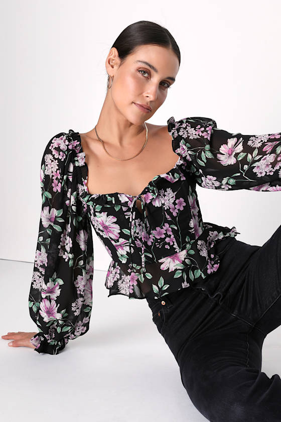 Black Floral Top - Ruffled Floral Top - Peplum Top - Women's Top - Lulus