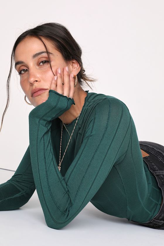 Free People Wide Eyed - Green Mock Neck Top - Knit Long Sleeve - Lulus