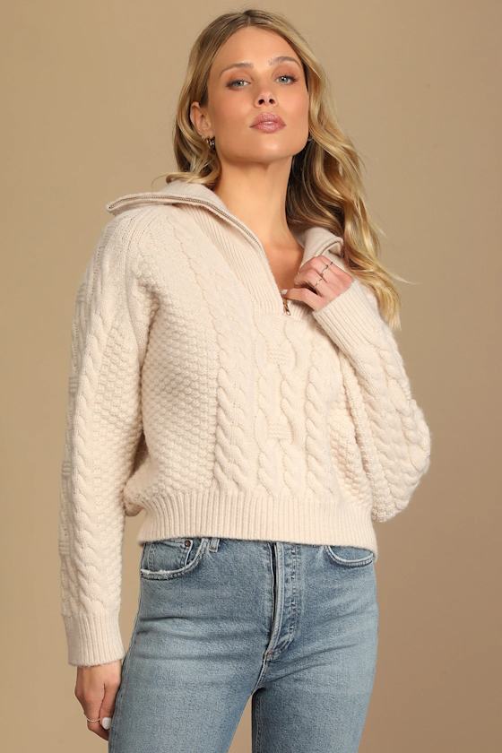 Cable Knit Sweater - Cream Knit Sweater - Zip Front Sweater - Lulus