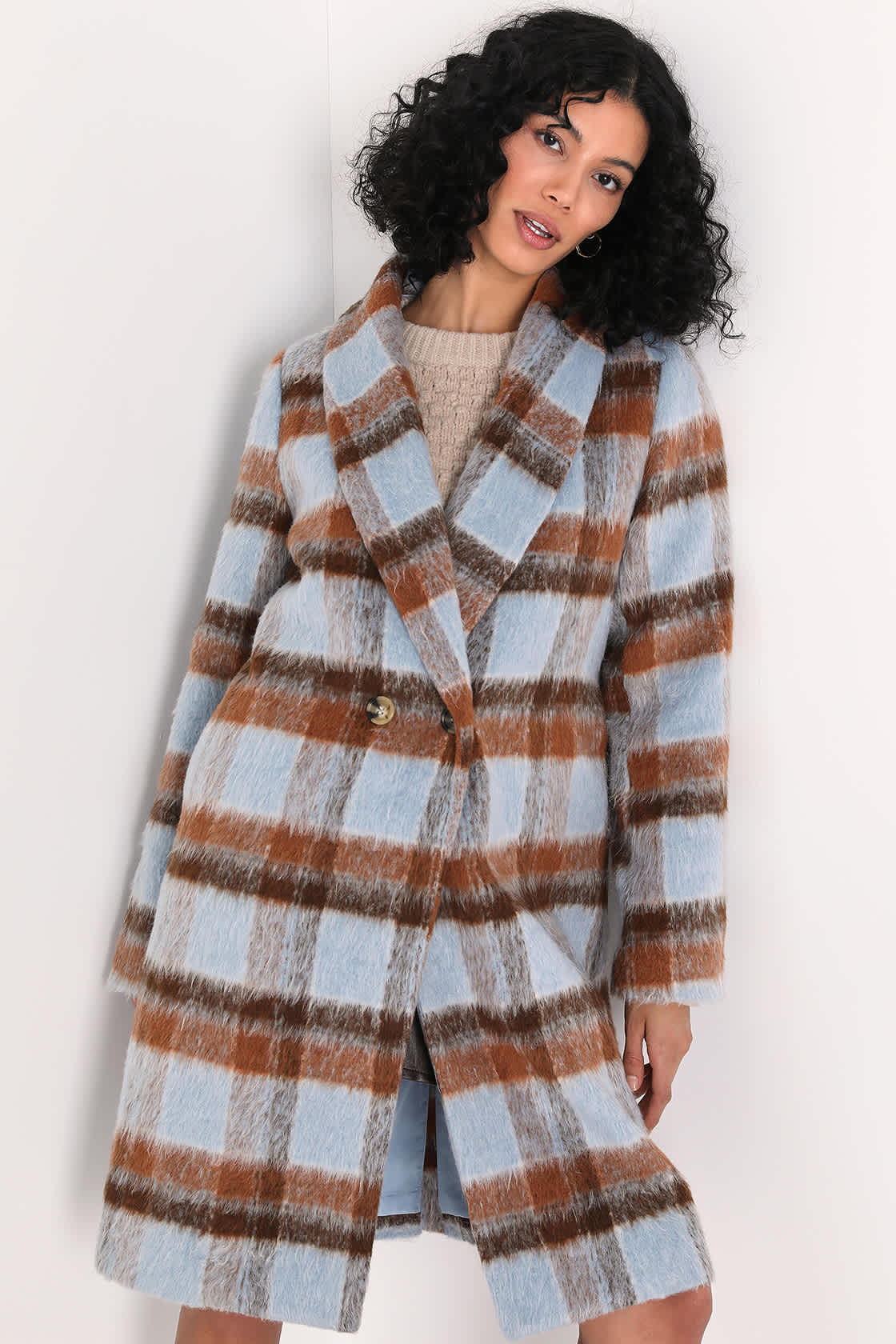 Blue and Brown Plaid Coat - Plaid Coat - Double-Breasted Coat - Lulus