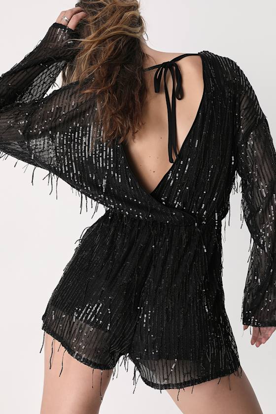 Black Sequin Romper - Sequin Fringe Romper - Surplice Romper - Lulus
