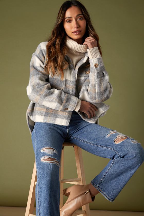 Grey and Ivory Shacket - Plaid Jacket - Button-Up Shacket - Lulus