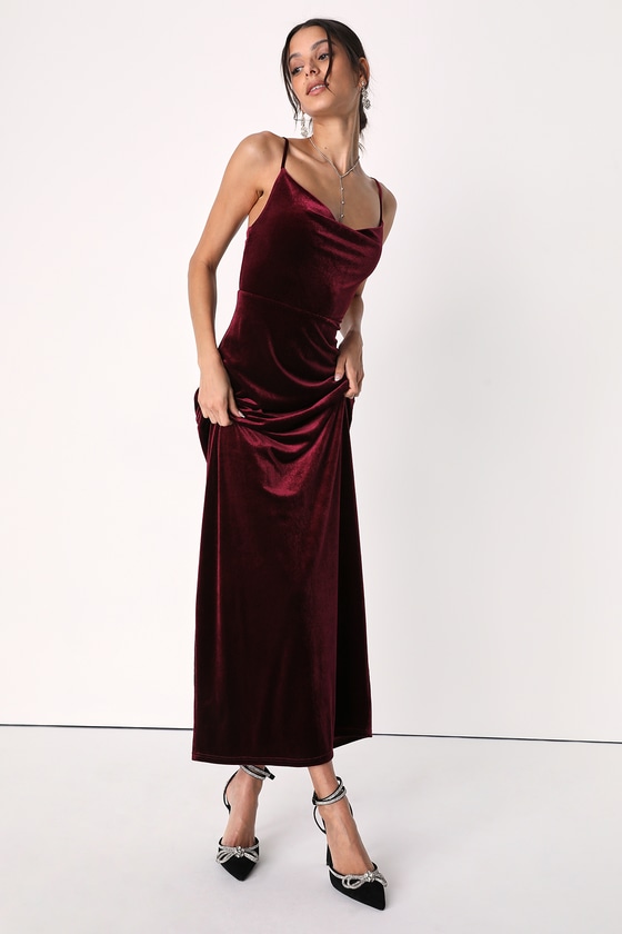 Wine Red Cowl Neck Gown Velvet Maxi Dress Maxi Dress Lulus