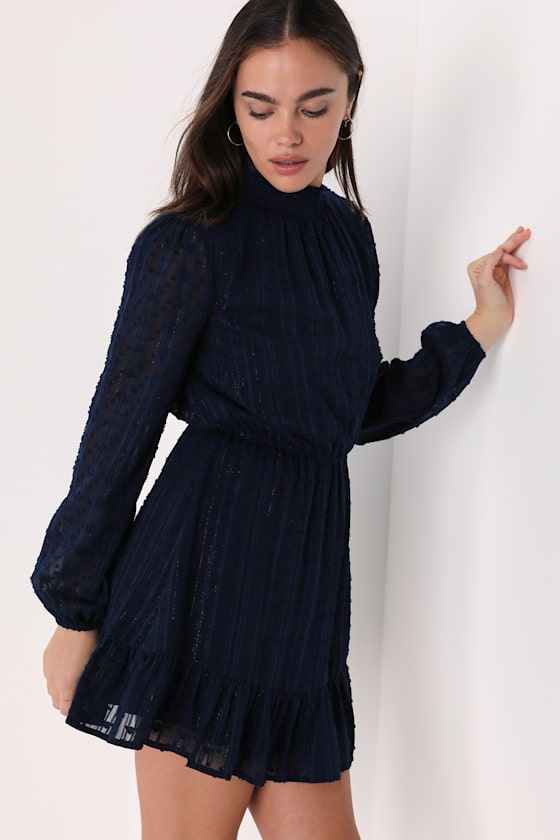 Navy Blue Mini Dress - Long Sleeve Mini Dress - Blue Lurex Dress - Lulus