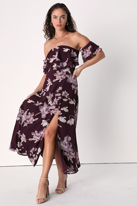 Plum Floral Dress - Ruffled Midi Dress - Off-the-Shoulder Midi - Lulus