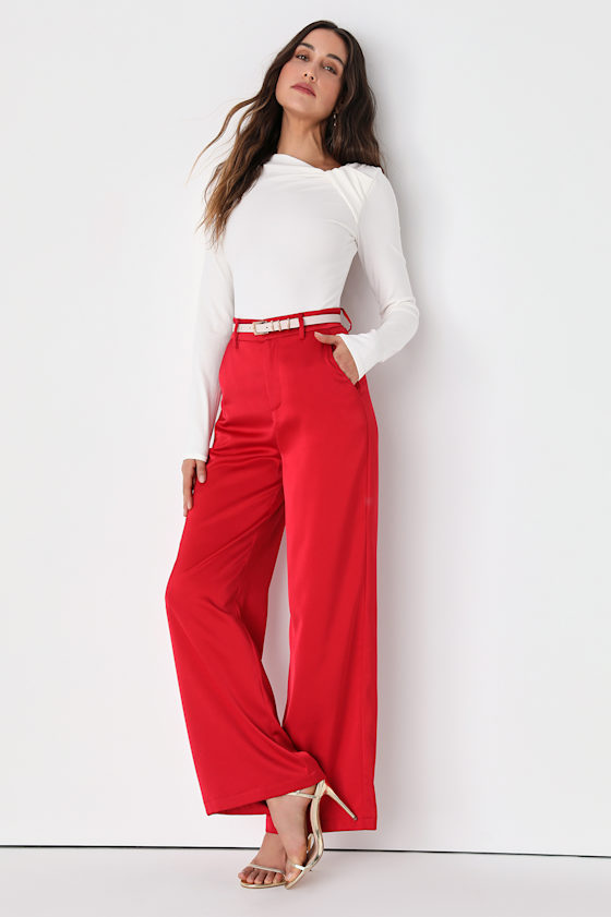 Red Satin Pants - Wide-Leg Pants - High-Waisted Satin Pants - Lulus