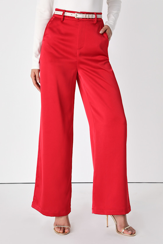 Red Satin Pants - Wide-Leg Pants - High-Waisted Satin Pants - Lulus