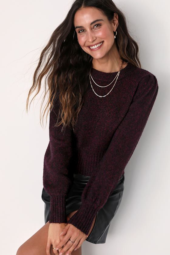 Plum Purple Sweater - Puff Sleeve Sweater Top - Heather Sweater - Lulus