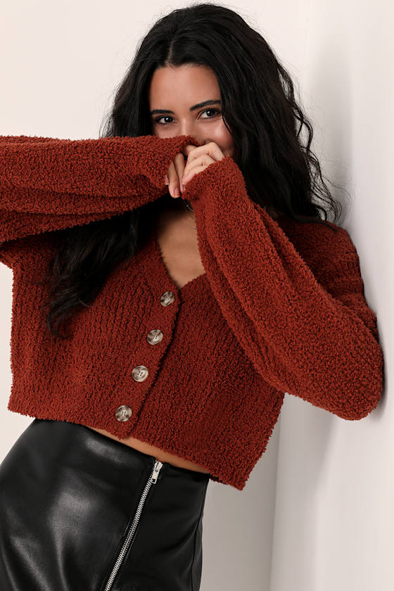 Chenille Knit Cardigan - Cropped Cardigan - Rust Red Cardigan - Lulus