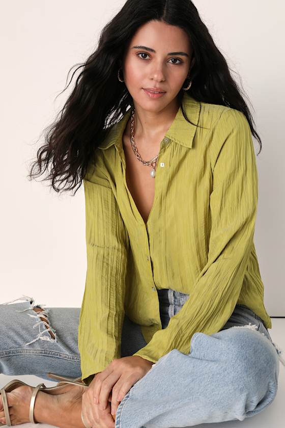 Lime Green Pleated Top - Button-Up Top - Crinkled Long Sleeve Top - Lulus