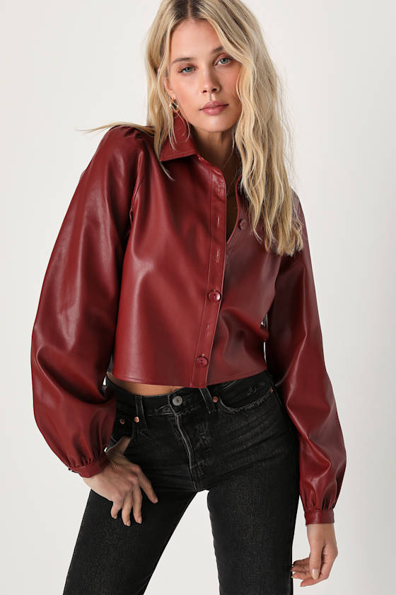 Burgundy Vegan Leather Top - Balloon Sleeve Top - Collared Shirt - Lulus