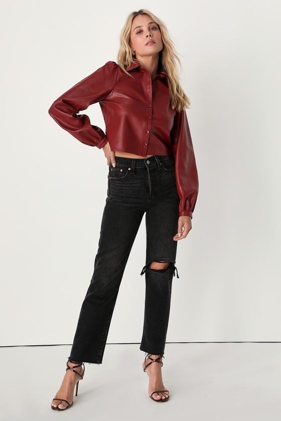 Burgundy Vegan Leather Top Balloon Sleeve Top Collared Shirt Lulus