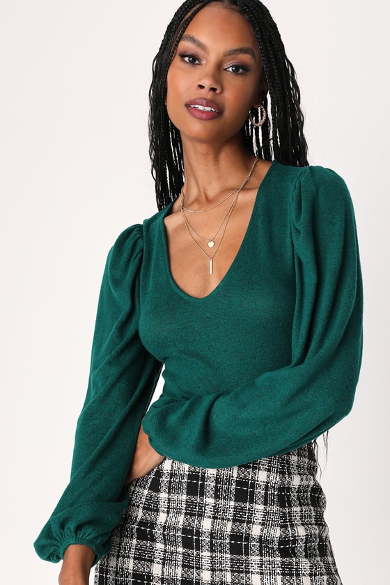 Forest Green Bodysuit Hacci Knit Bodysuit Puff Sleeve Top Lulus