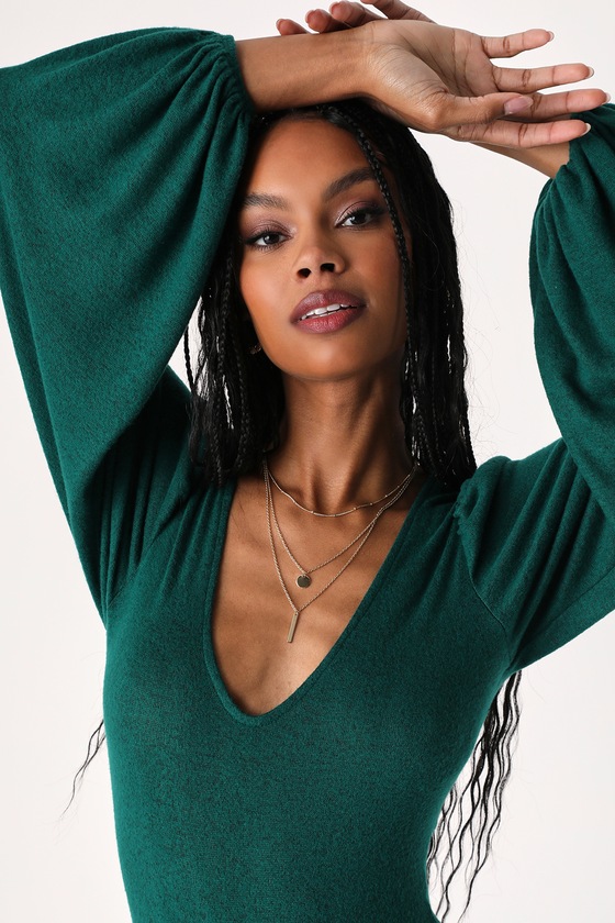 Forest Green Bodysuit Hacci Knit Bodysuit Puff Sleeve Top Lulus