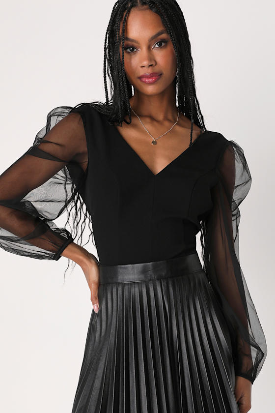 Black Knit Bodysuit - Mesh Sleeve Bodysuit - Backless Bodysuit - Lulus