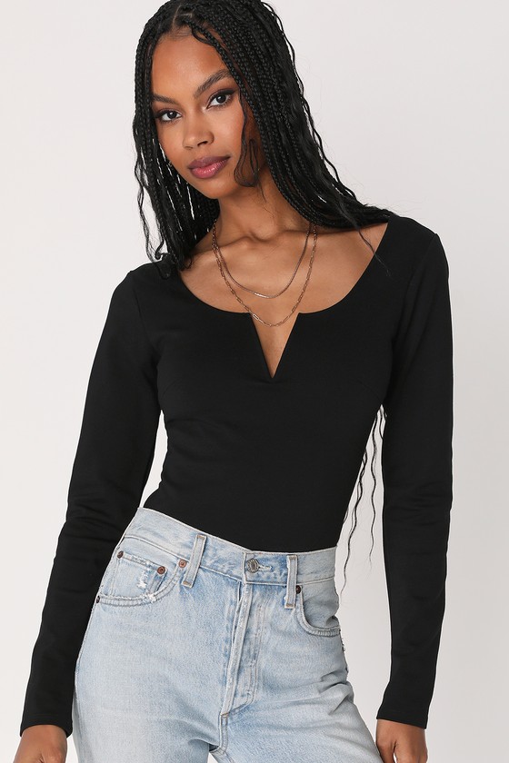 Black Long Sleeve Bodysuit Notched Bodysuit Notched Top Lulus