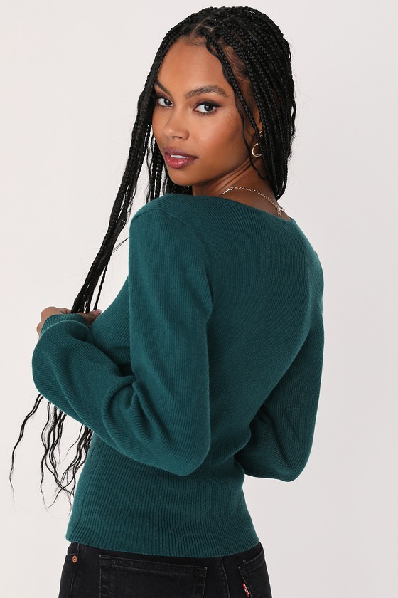 Dark Teal Ribbed Sweater Balloon Sleeve Sweater Sweater Top Lulus