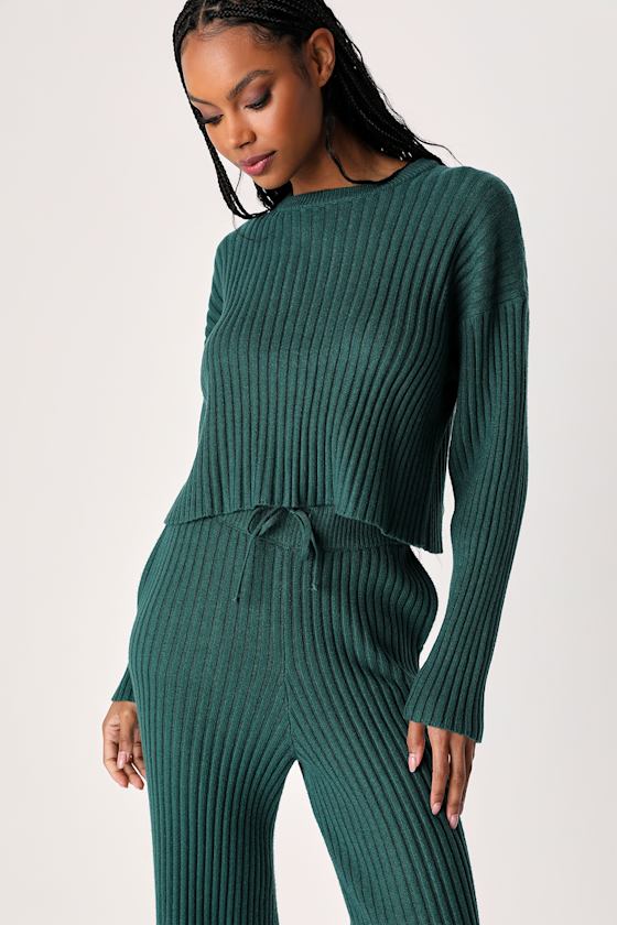 Green Loungewear - Cropped Sweater - Green Ribbed Knit Sweater - Lulus