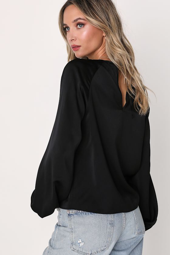 Black Matte Top - Satin Long Sleeve Top - Drawstring Top - Lulus