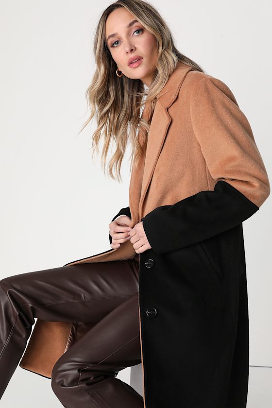 Brown and Black Coat - Color Block Coat - Longline Coat - Lulus