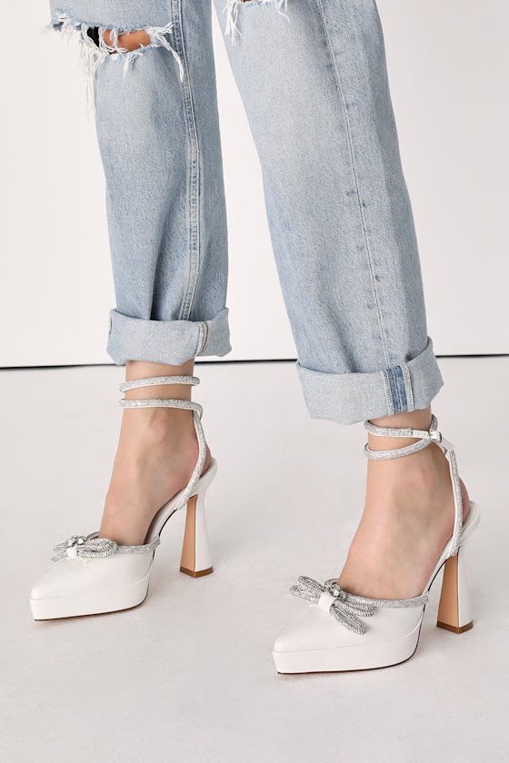 Ivory Platform Pumps - Rhinestone Bow Pumps - Faux Leather Heels - Lulus