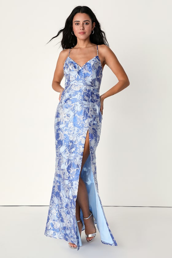 Floral Jacquard Dress - Blue Maxi Dress - Mermaid Maxi Dress - Lulus