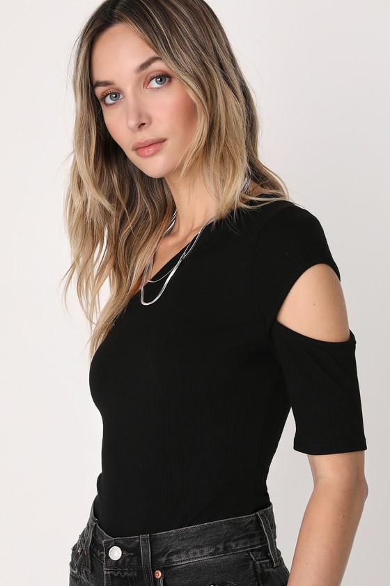 Black Ribbed Knit Top - One-Shoulder Bodysuit - Cutout Bodysuit - Lulus