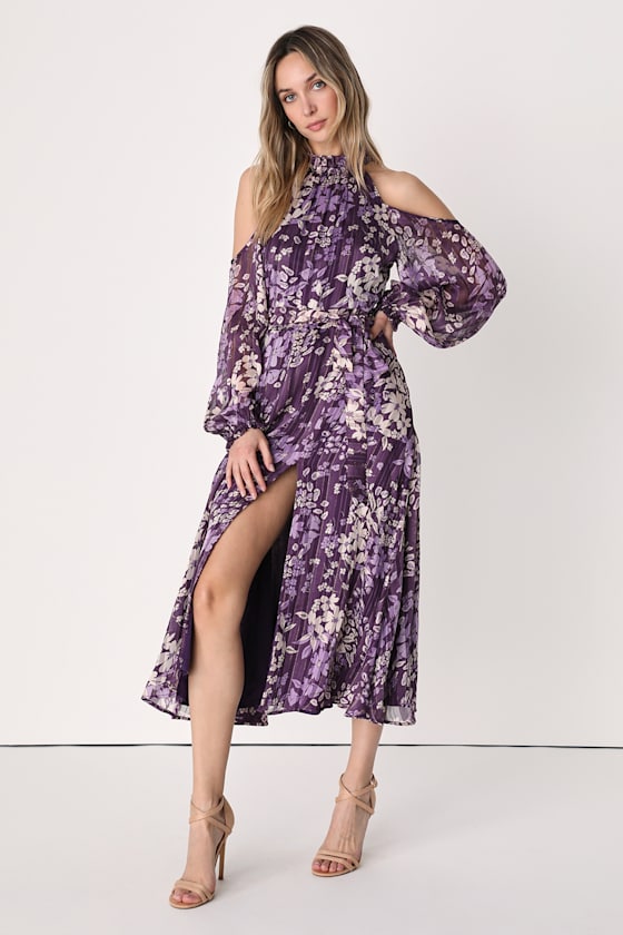 Purple Midi Dress - Cold-Shoulder Dress - Long Sleeve Dress - Lulus